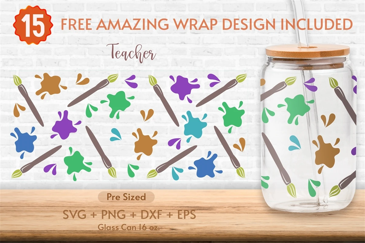 FREE 16oz Teacher Libbey Glass Can Svg, Glass Can Full Wrap Svg ...
