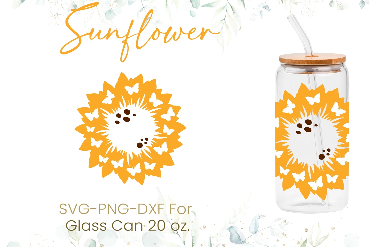 20oz Sunflower Libbey Glass Can Svg, Sunflower Hearts, Png | Designful ...