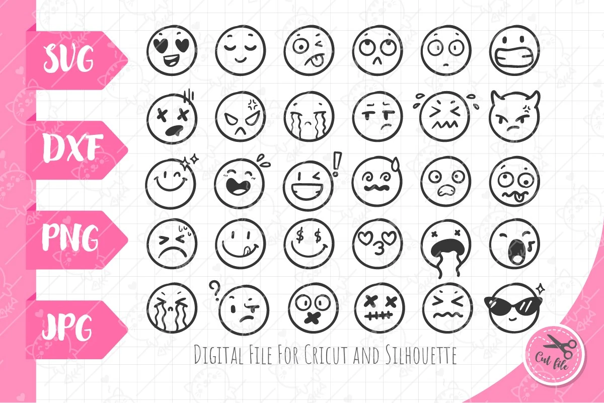 Emoji cartoon SVG Doodle line emoticon face bundle | Designful Market